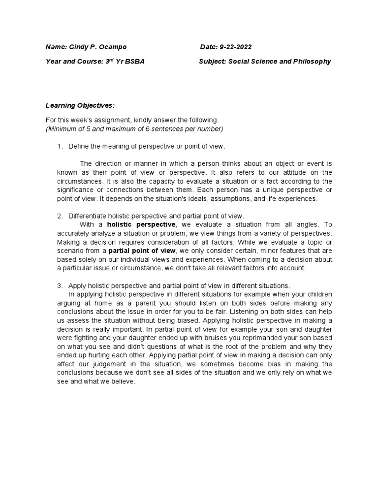 Holistic Perspective and Partial Point of View | PDF