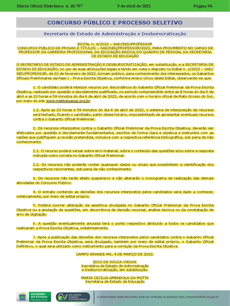 Gabarito Preliminar Sed PDF | PDF