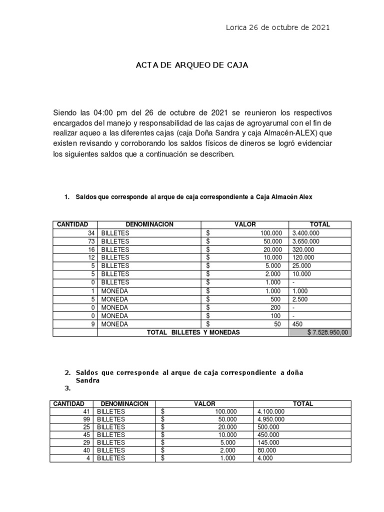 01 Modelo Acta Arqueo Caja | PDF | Moneda | Mercado de divisas