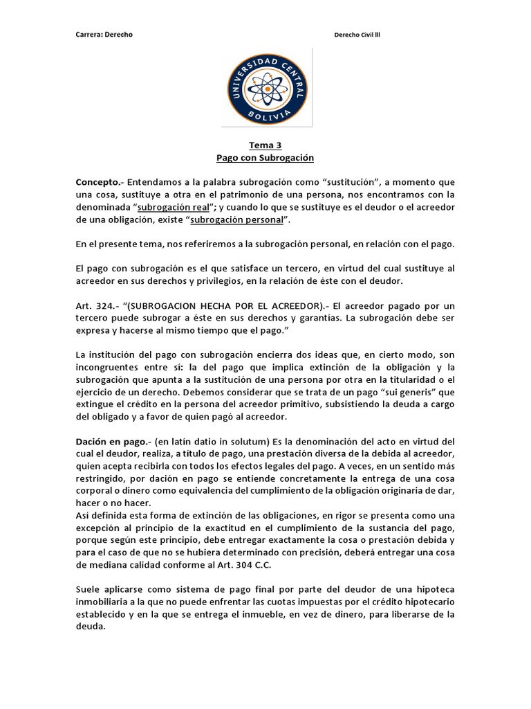 Tema N° 3 Pago con Subrogación (Convencional y Legal) | PDF | Pagos | Subrogación