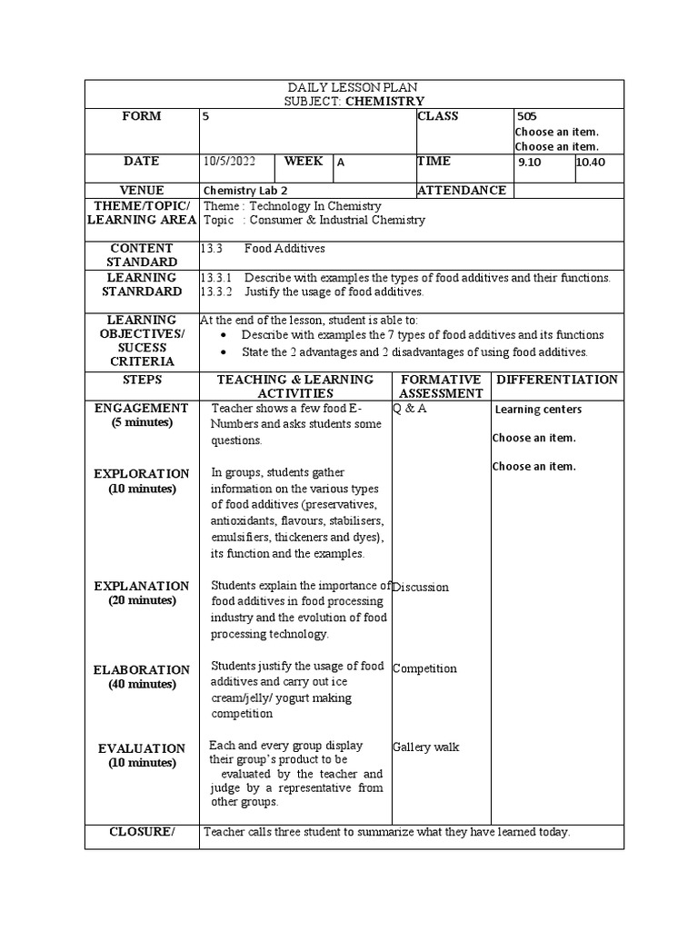 F5-Food Additives | PDF | Learning | Lesson Plan