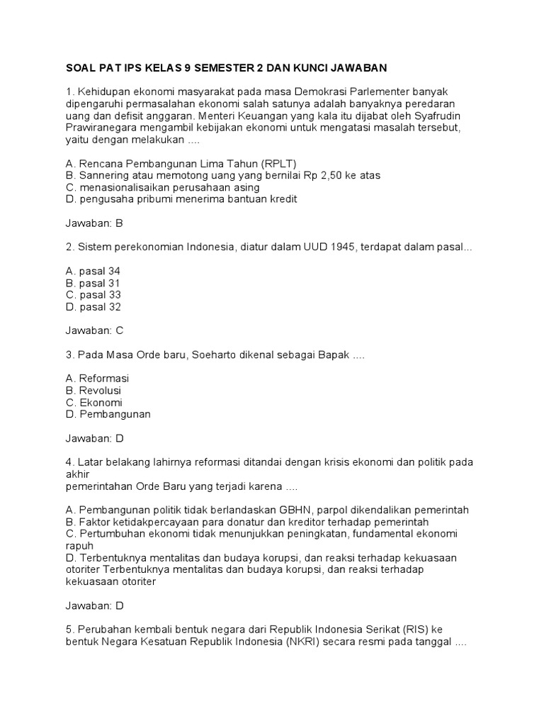 Soal Pat Ips Kelas 9 Semester 2 Dan Kunci Jawaban | PDF