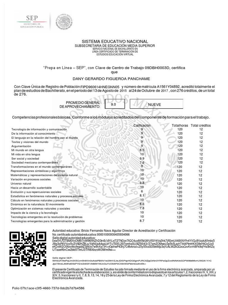 Certificado de Terminación de Estudios de Bachillerato General del Sistema Educativo Nacional a ...