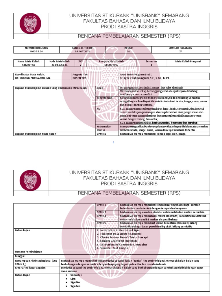 RPS For Semiotics Class | PDF