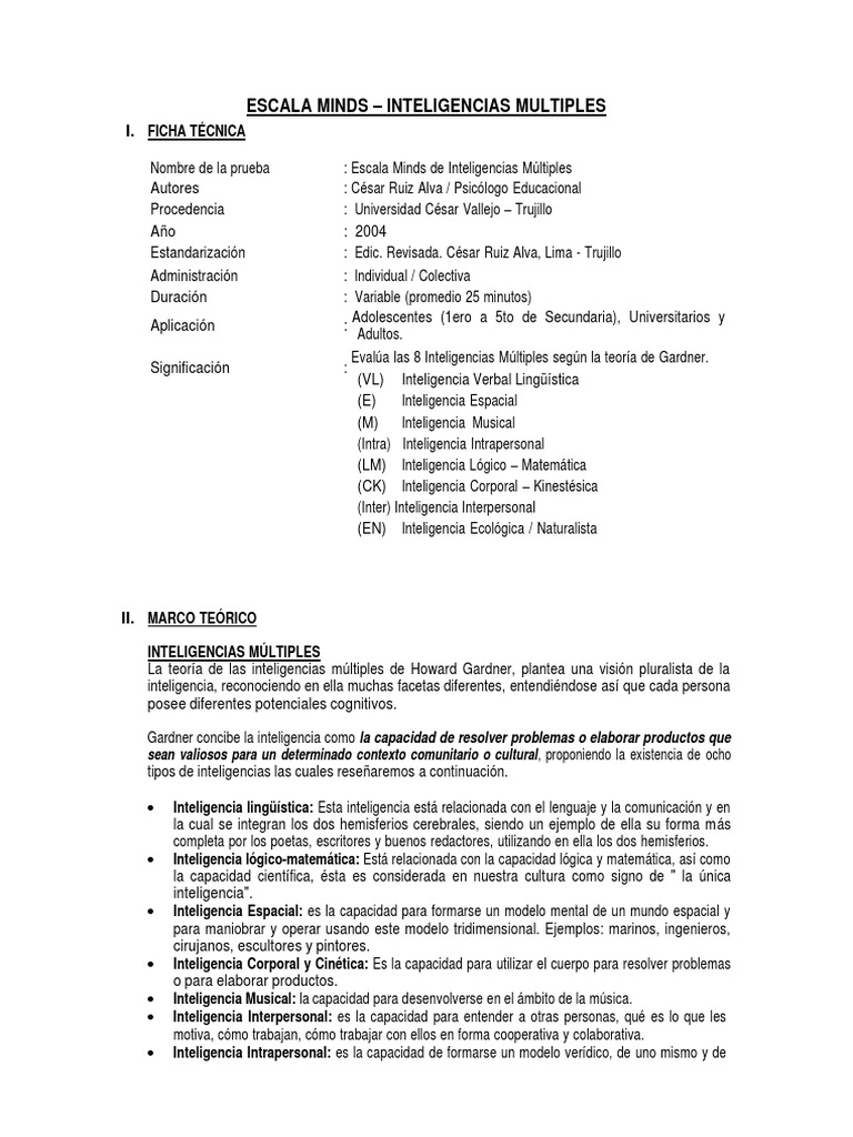 Escala Minds: Evaluación de Inteligencias Múltiples | PDF ...