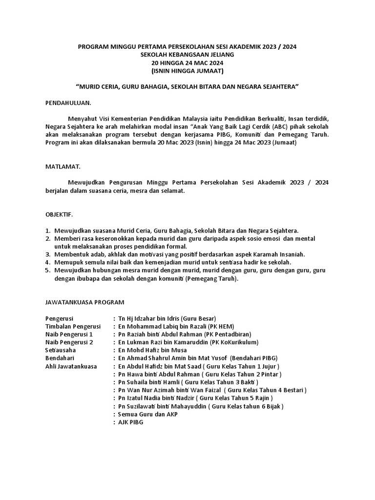 Program Minggu Pertama Sekolah Sesi 2023 2024 | PDF