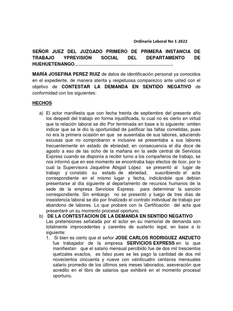 Contestacion de La Demanda Resuelto | PDF