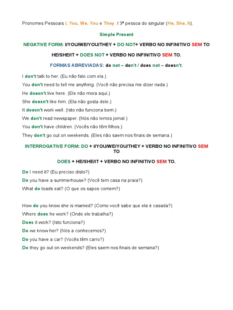 Forma Negativa e Interrogativa Do Simple Present | PDF