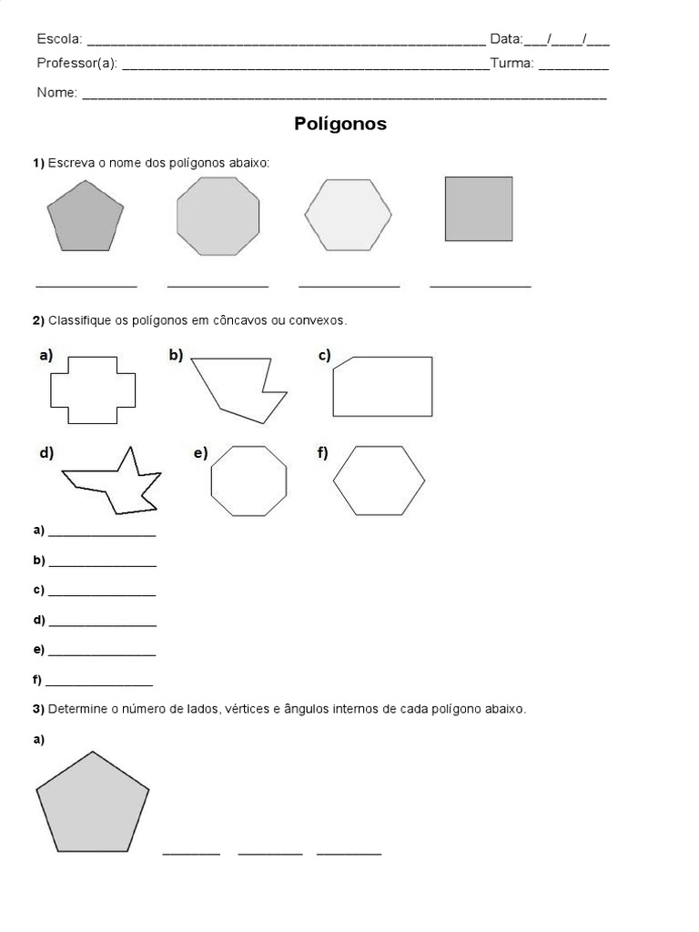 Exercícios 6 º Ano - Polígonos | PDF | Polígono | Vértice (Geometria)