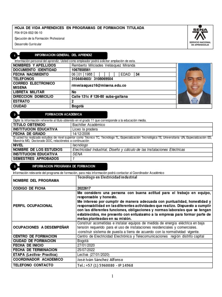 Hoja de Vida Remberto Velasquez Miranda | PDF