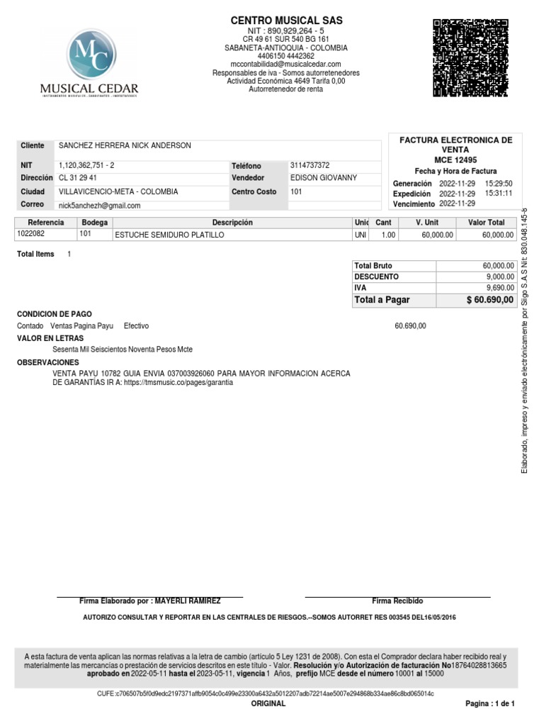Factura Electrónica Centro Musical SAS | PDF | Pagos | Business