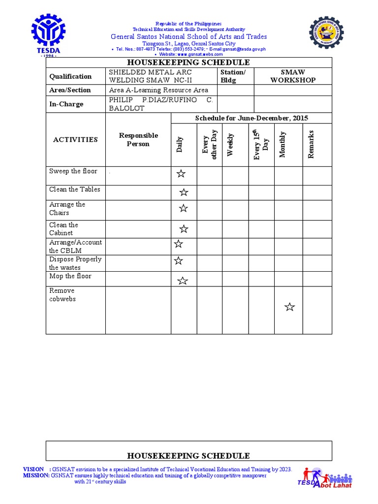 hOUSEKEEPING PLAN | PDF | Screw | Housekeeping