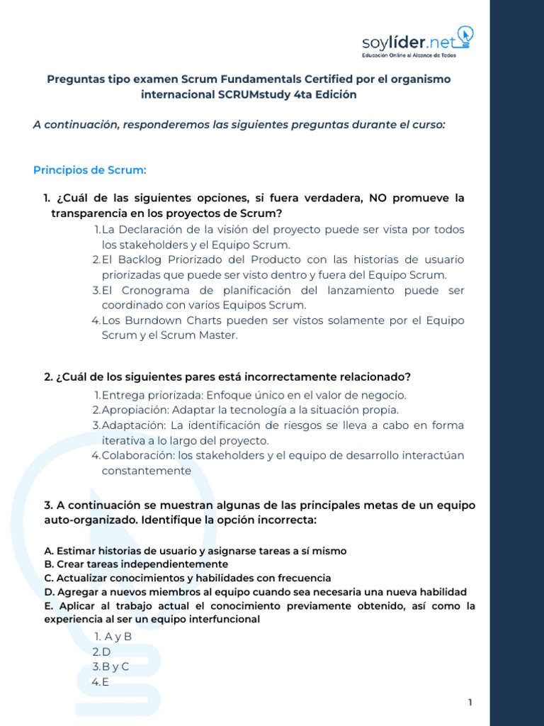 Preguntas Tipo Examen Scrum Fundamentals Certified - SCRUMstudy 4ta Edición | PDF | Scrum ...