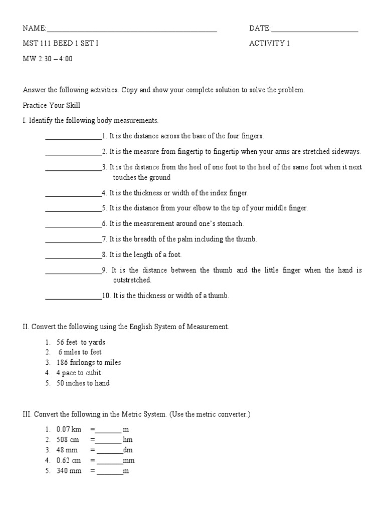 MST 111 - BEED 1 SET I | PDF | Foot (Unit) | Length