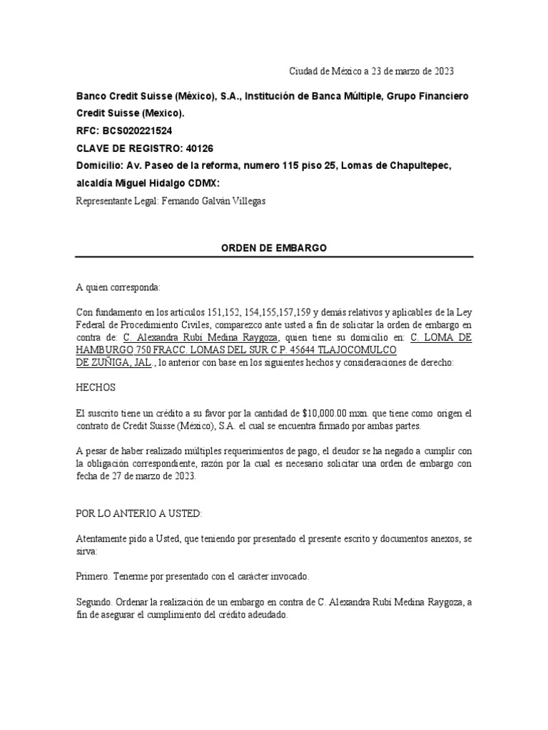 Orden de Embargo - 35472CDGDL | PDF