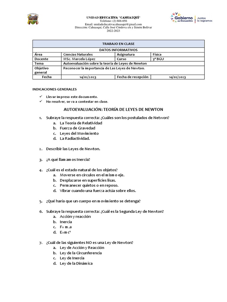 Autoevaluacion Leyes de Newton PDF | PDF | Las leyes del movimiento de ...
