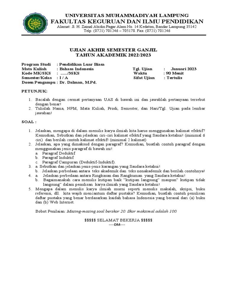 Soal UAS MK Bahasa Indonesia PLB FKIP TA 2022 | PDF
