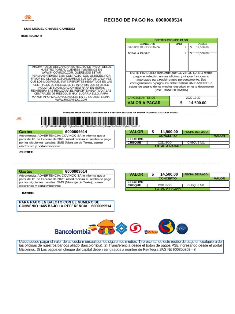 Recibos de pago por gastos de cobro y abono a capital para Luis Miguel Chaves Caviedez | PDF ...
