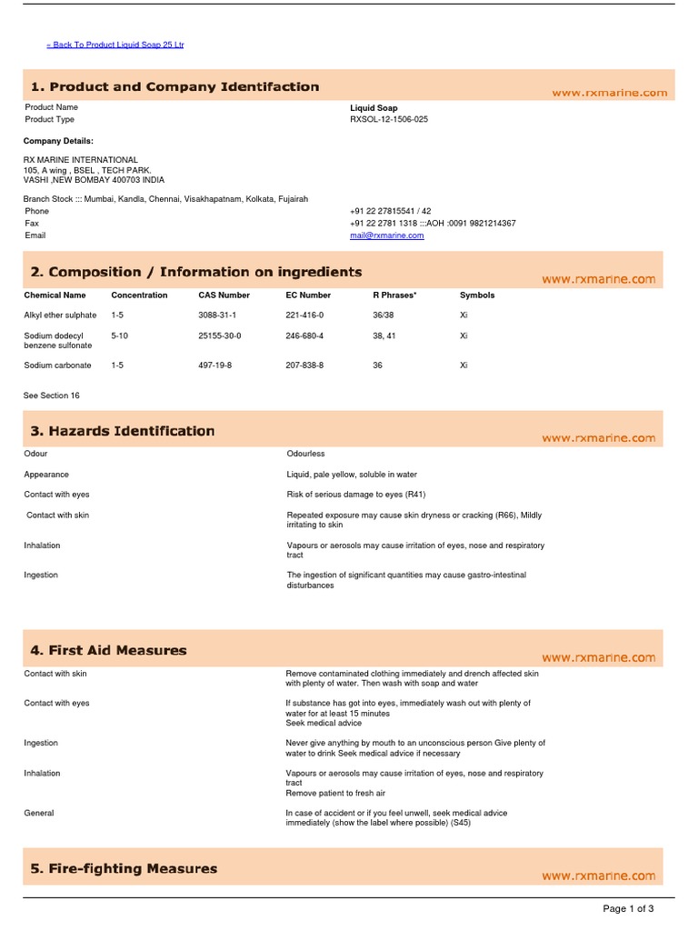 Liquid Soap MSDS | Download Free PDF | Water | Chemistry