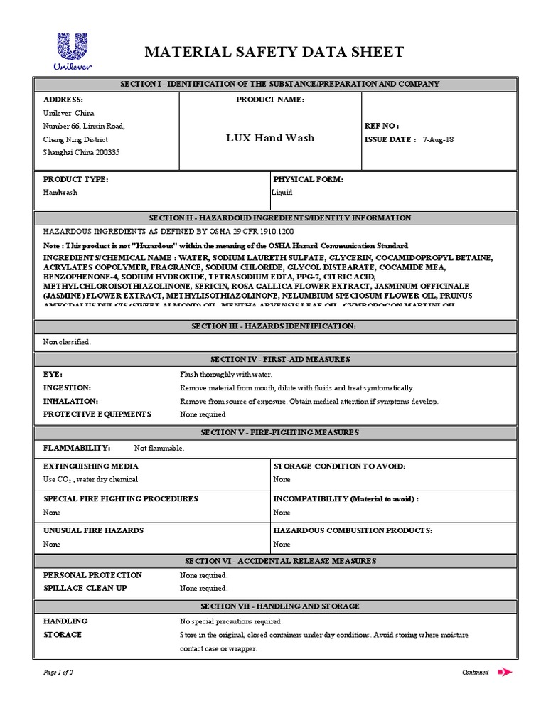 Material Safety Data Sheet for LUX Hand Wash: Product Information and ...