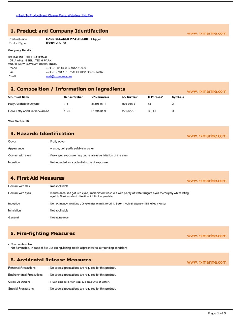 Handcleaner MSDS | PDF | Water | Mercury (Element)
