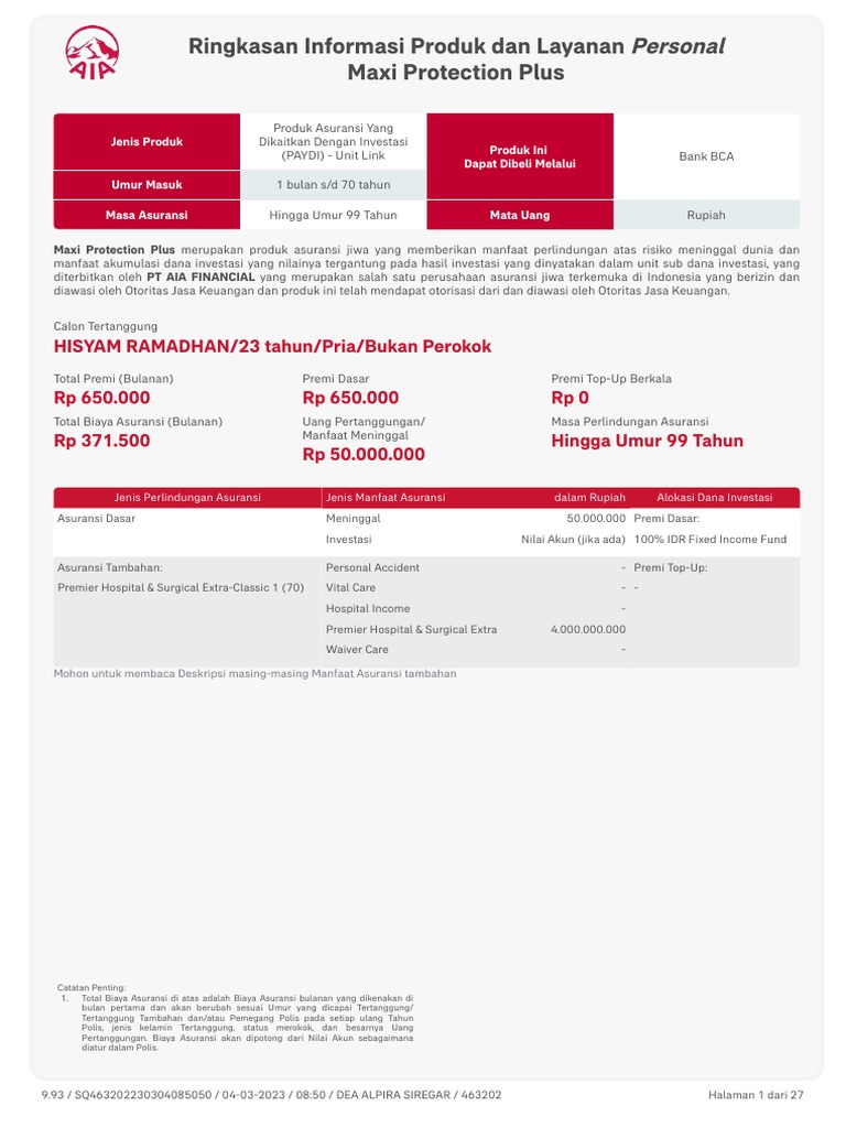 Maxi Protection Plus AIA: Rincian Produk | PDF