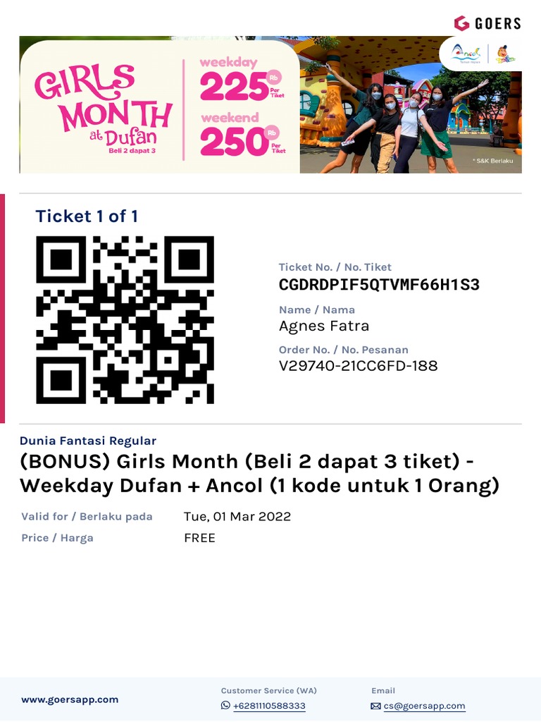 Ticket 1 of 1: (BONUS) Girls Month (Beli 2 Dapat 3 Tiket) - Weekday ...