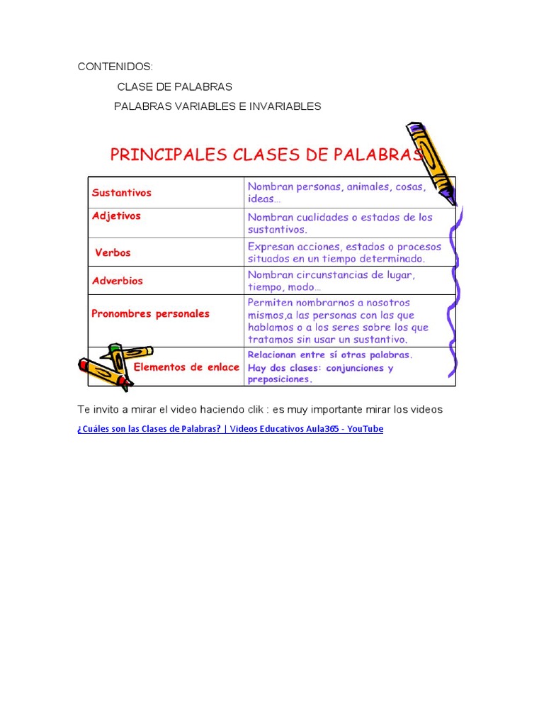 Clases de Palabras: Variables e Invariables | PDF | Palabra | Parte del ...