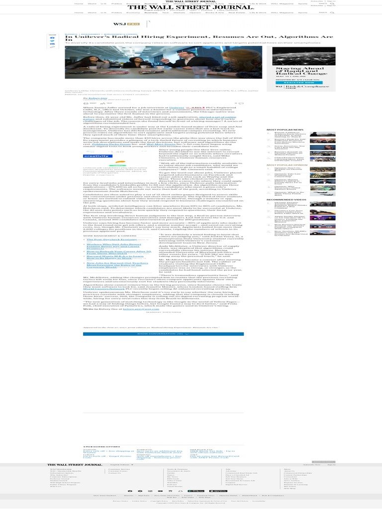 In Unilever's Radical Hiring Experiment, Resumes Are Out, Algorithms Are in - WSJ | PDF | The ...