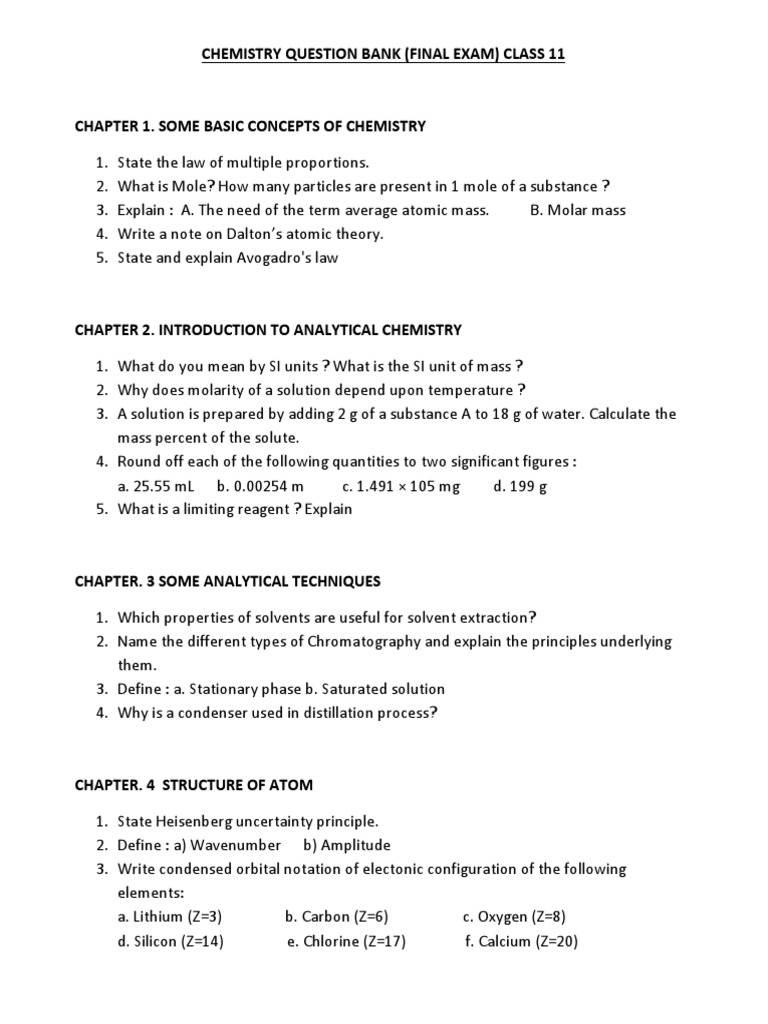 Class 11 Chemistry Question Bank PDF | PDF | Chemical Reactions | Chemistry