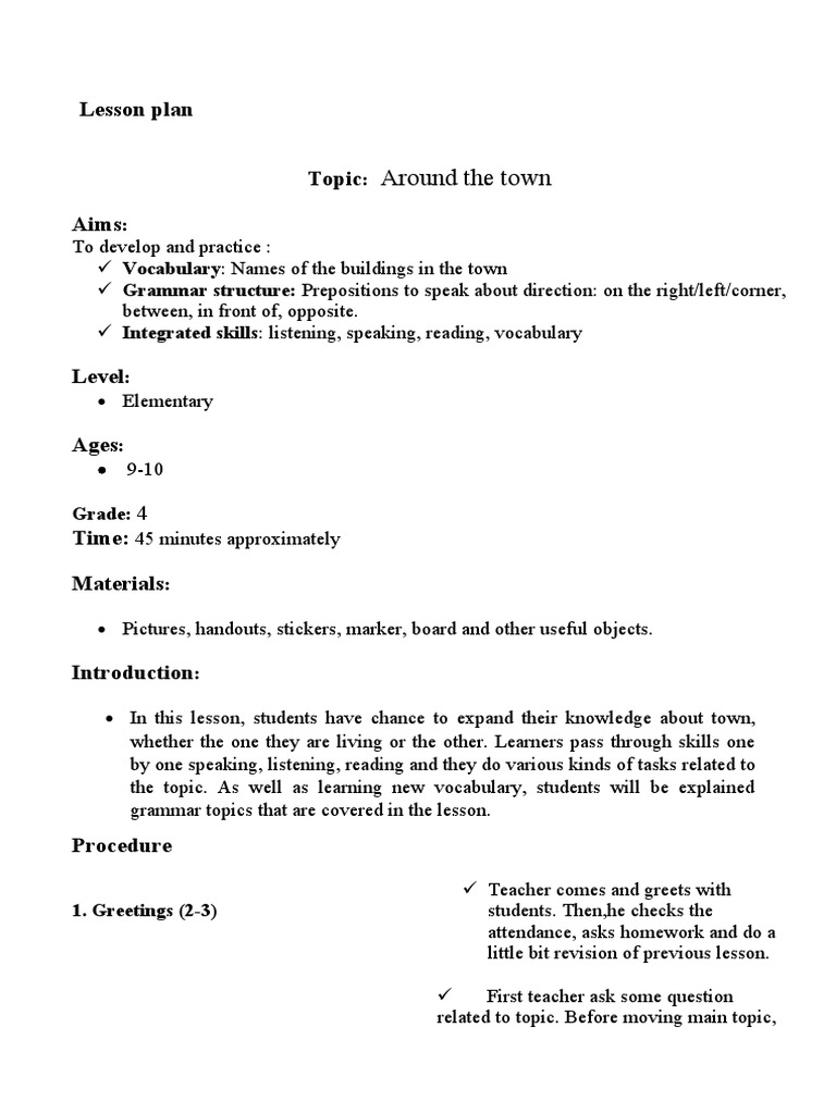 Around The Town, Lesson Plan | PDF | Vocabulary | Teachers