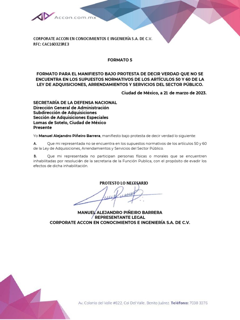 Manifesto de No Encontrarse en Art. 50 y 60 | PDF