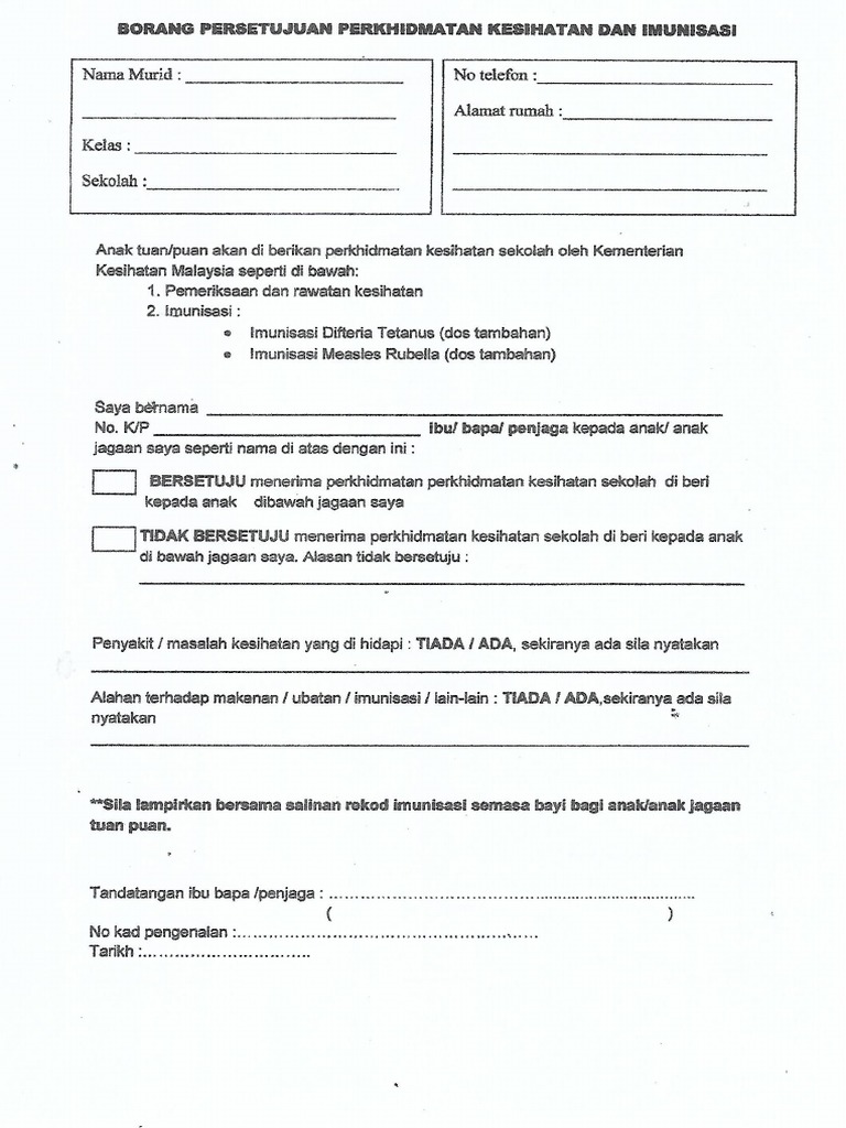 Borang Persetujuan Perkhidmatan Kesihatan Dan Imunisasi | PDF