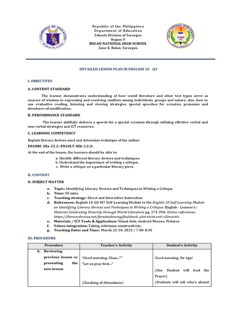 Analyzing Literary Techniques: A Lesson Plan on Identifying Devices in ...