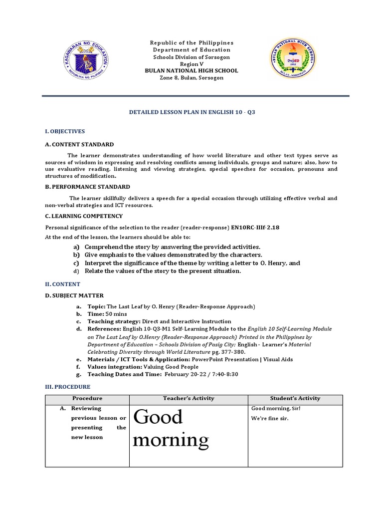 DLP English 10 Reader-Response Approach | PDF | Educational Technology | Learning