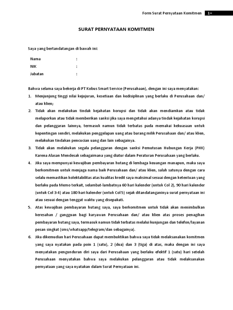 Surat Pernyataan Komitmen (Slik) | PDF