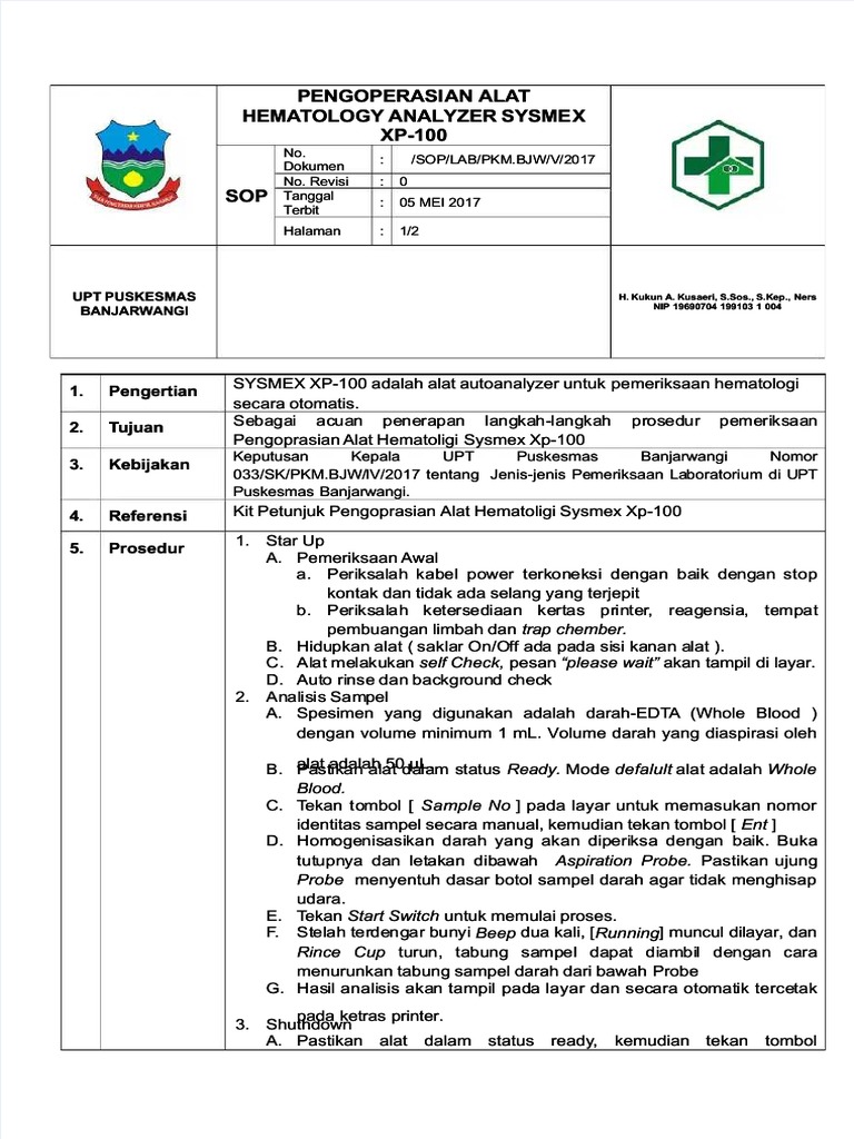 PDF Sop Pengoperasian Alat Hematology Analyzer Sysmex XP 100 - Compress ...