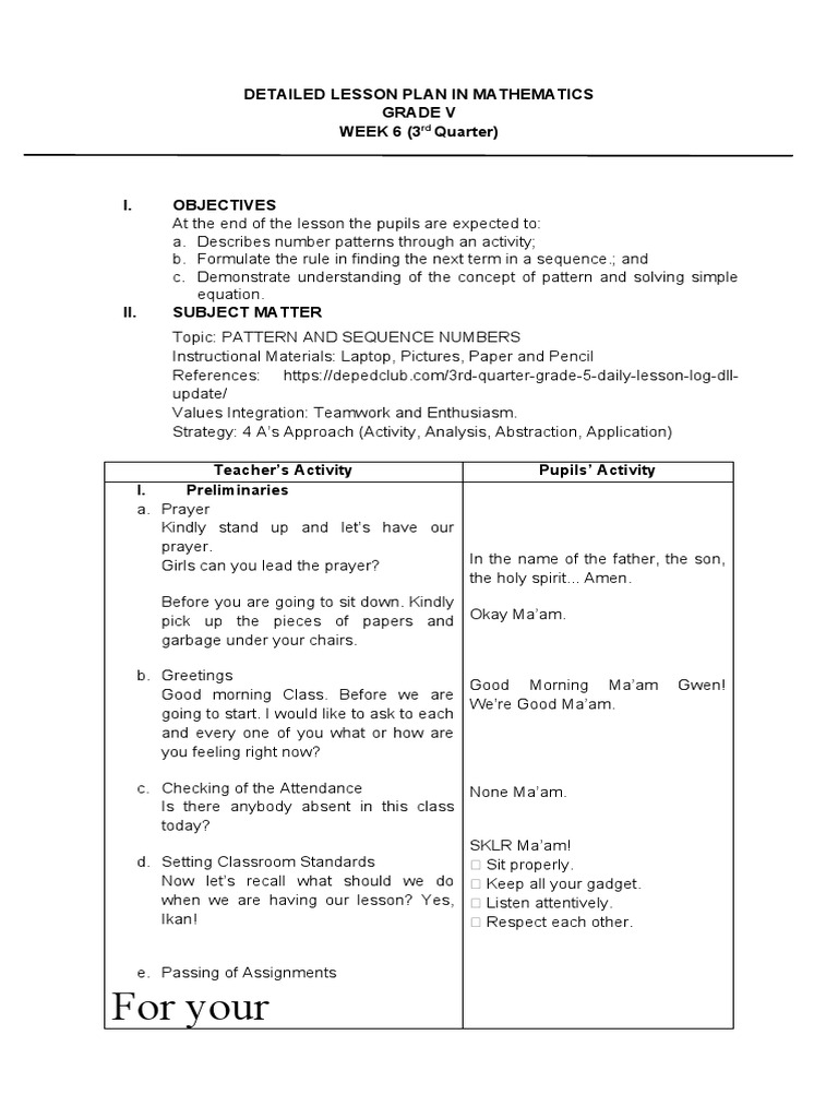 Grade 5 Lesson Plan: Patterns & Sequences | PDF | Lesson Plan ...