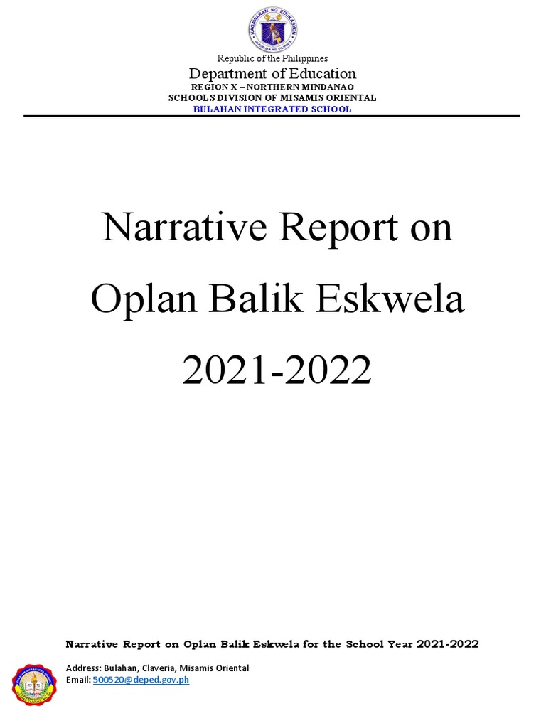 Narrative Report On Oplan Balik Eskwela For The School Year 2021 | PDF