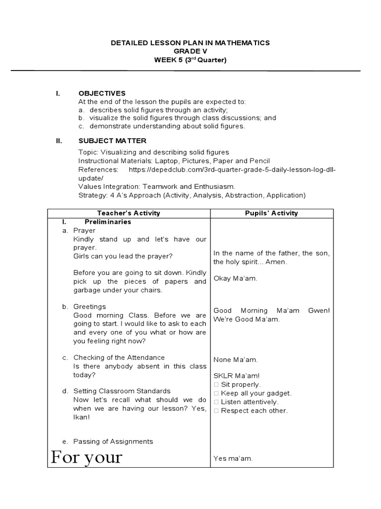Solid Figures Lesson Plan for Grade 5 | PDF | Lesson Plan | Shape