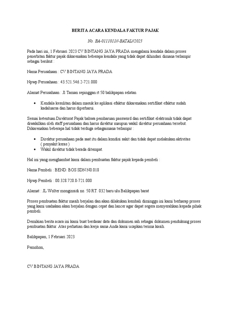 BERITA ACARA KENDALA FAKTUR PAJAK.docx | PDF