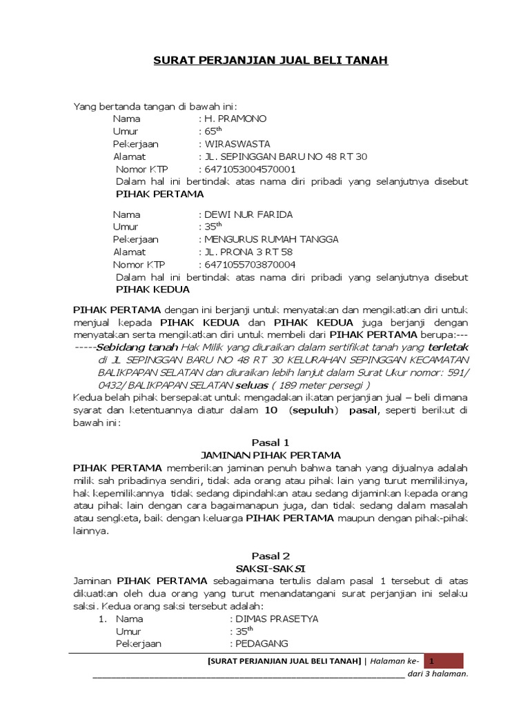 Surat Perjanjian Jual Beli Tanah | PDF