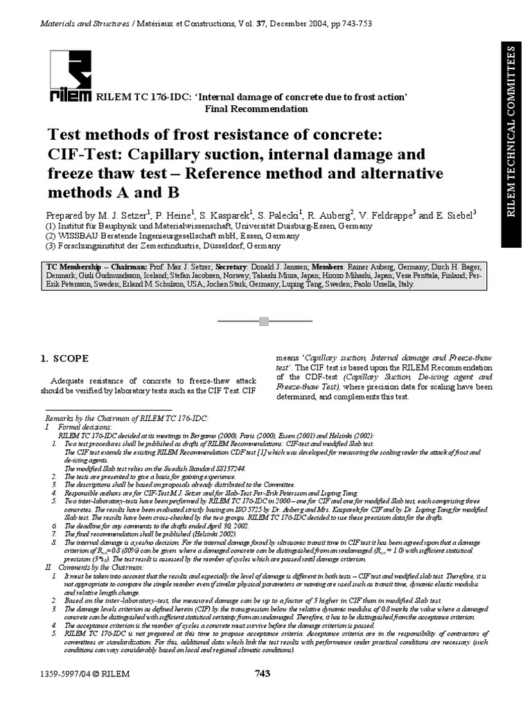 Test Methods of Frost Resistance of Concrete (RILEM TC 176-IDC) PDF ...