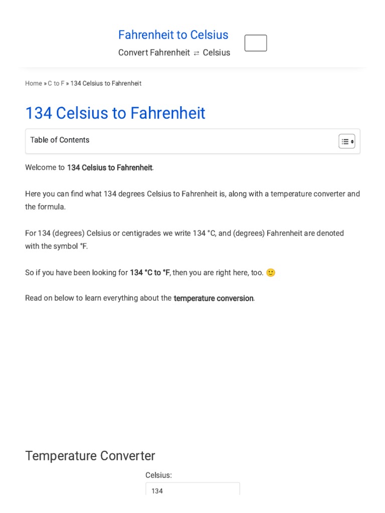 134 Celsius To Fahrenheit - What Is 134 °C in °F | PDF | Fahrenheit ...