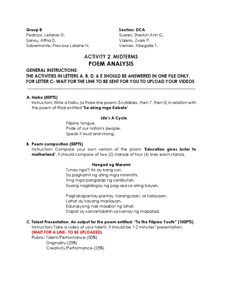Lrizal Poem Analysis Group PDF | PDF