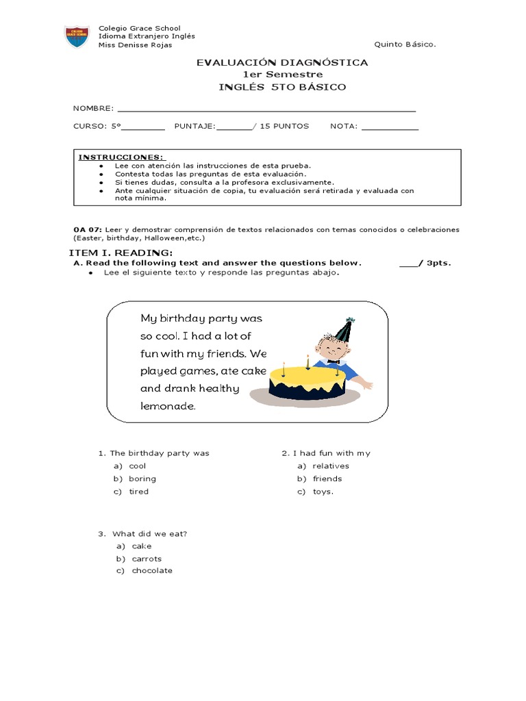 Prueba de Diagnóstico 5th | PDF