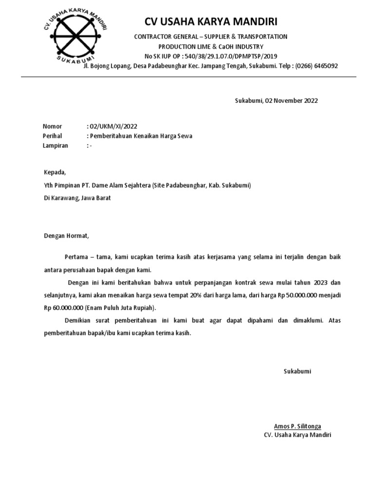 Surat Pemberitahuan Kenaikan Harga Sewa Das | PDF