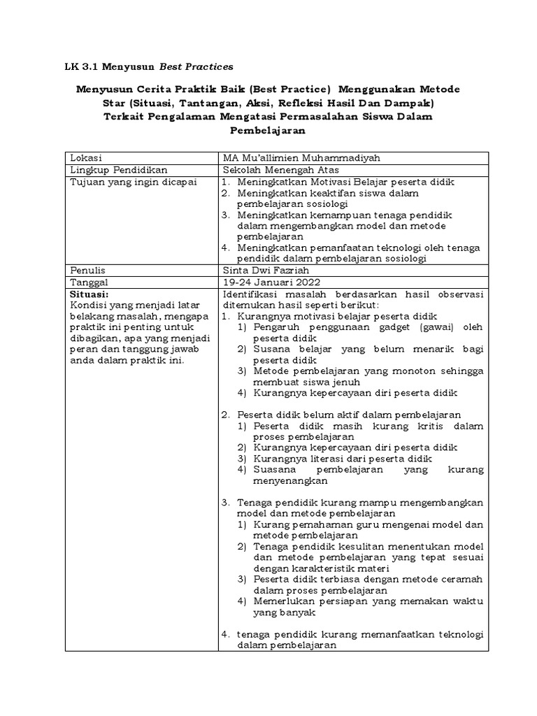 LK 3.1 Menyusun Best Practices | PDF | Karier & Perkembangan | Pengembangan Diri