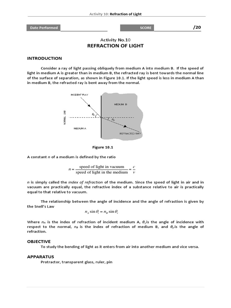 Bending Light: Studying Refraction Through Measurement of the Index of ...