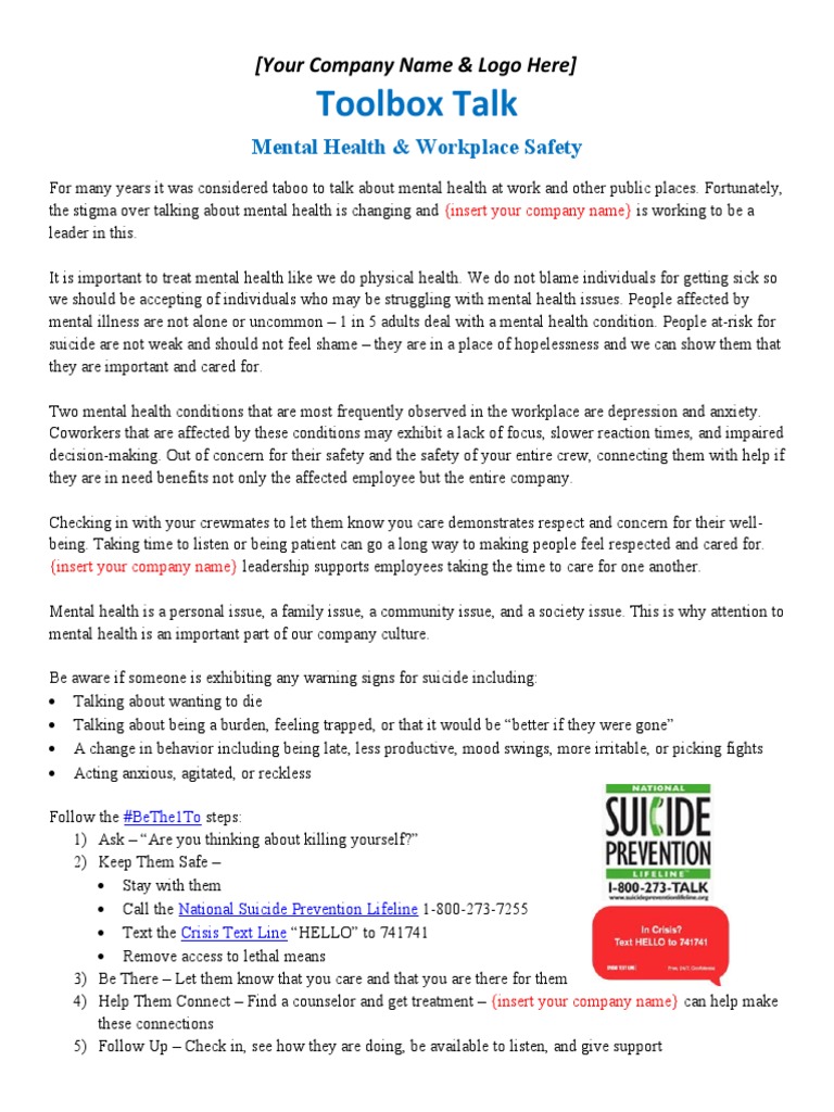 Mental Health Toolbox Talk Guide | PDF | Mental Health | Mental Disorder